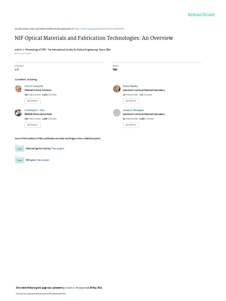 NIF Optical Materials and Fabrication Technologies: An Overview | PDF ...