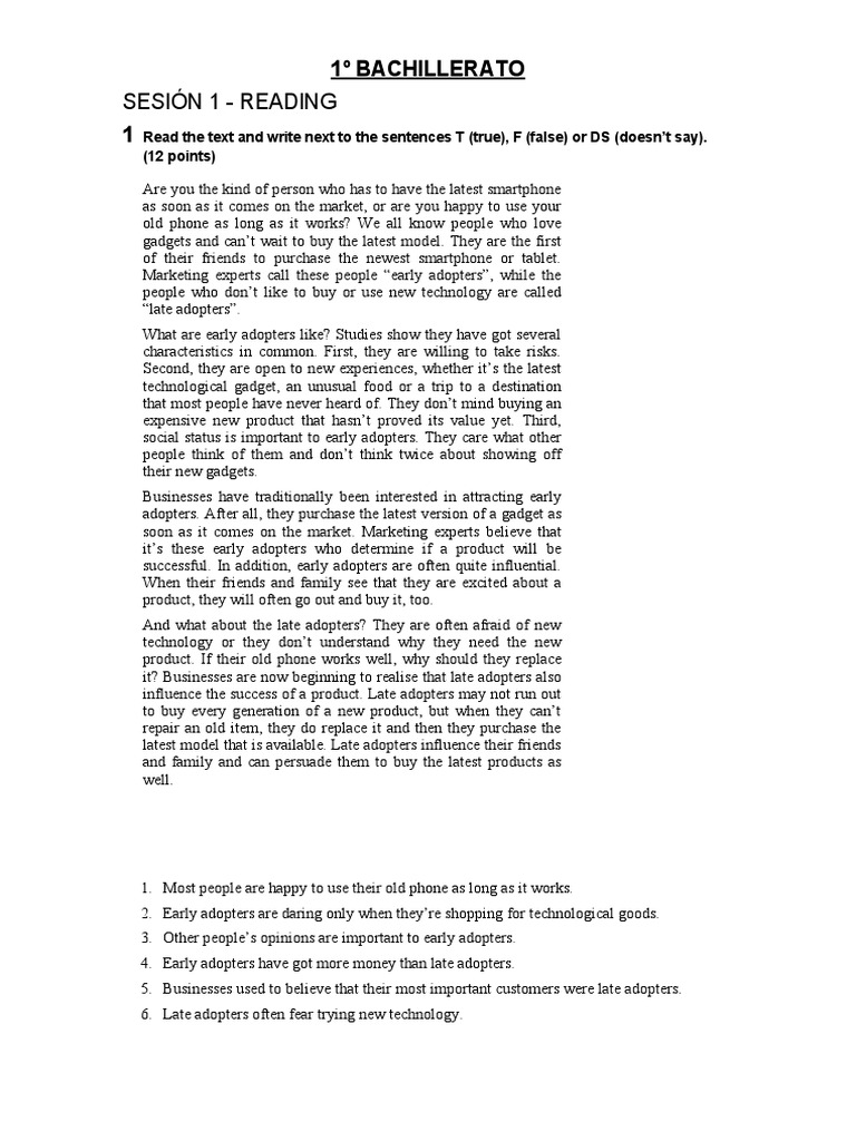 Sesión 1 - Reading: 1º Bachillerato 1 | Download Free PDF | Marketing ...