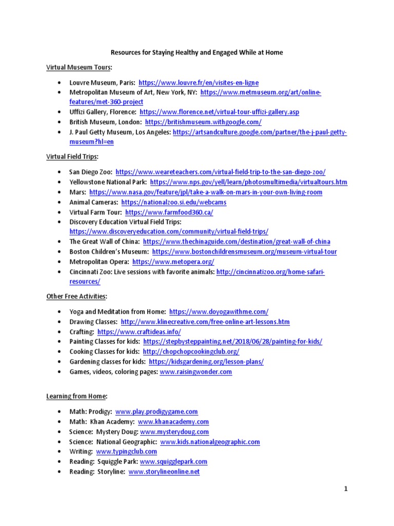 Virtual Activities for Home Engagement | PDF | Museum | Library And Museum