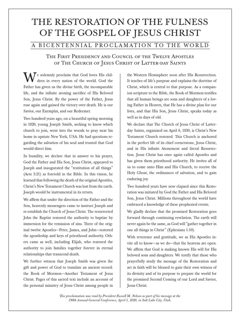 The Restoration of The Fulness of The Gospel of Jesus Christ: A ...