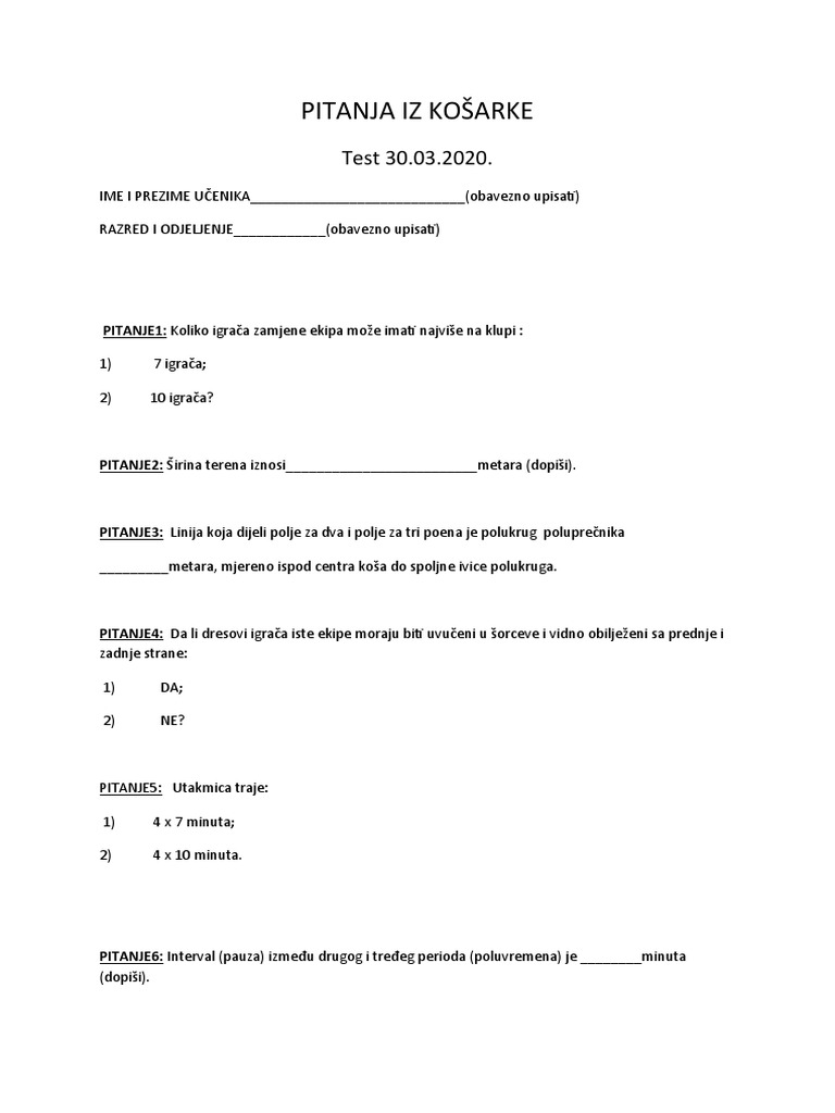 PITANJA KOŠARKА I razred (latinica) | PDF