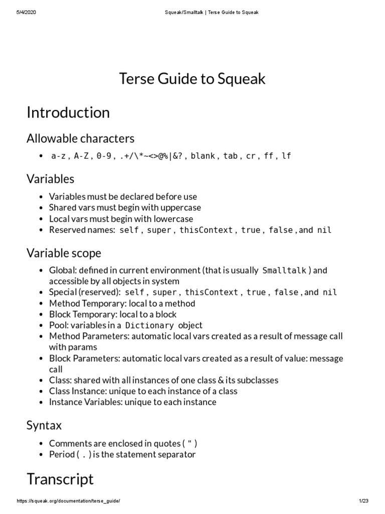 Squeak - Smalltalk - Terse Guide To Squeak PDF | PDF | Parameter (Computer Programming ...