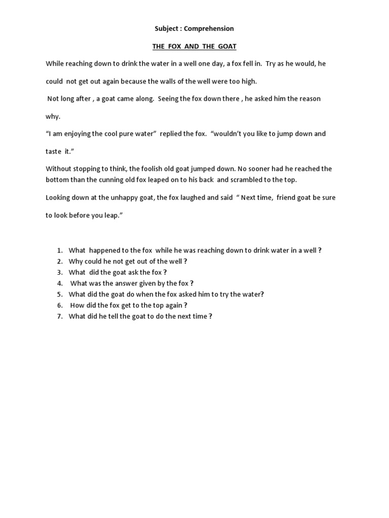 Fox and Goat Story Comprehension Questions | PDF