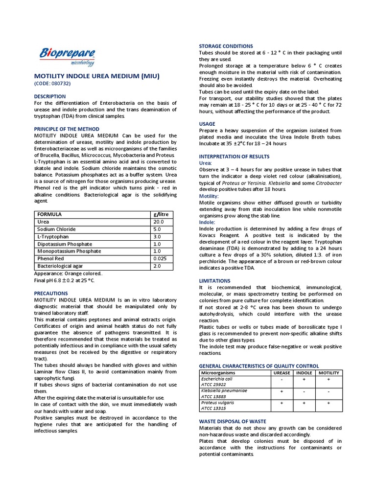 Motility Indole Urea Medium Eng | PDF | Urea | Tryptophan