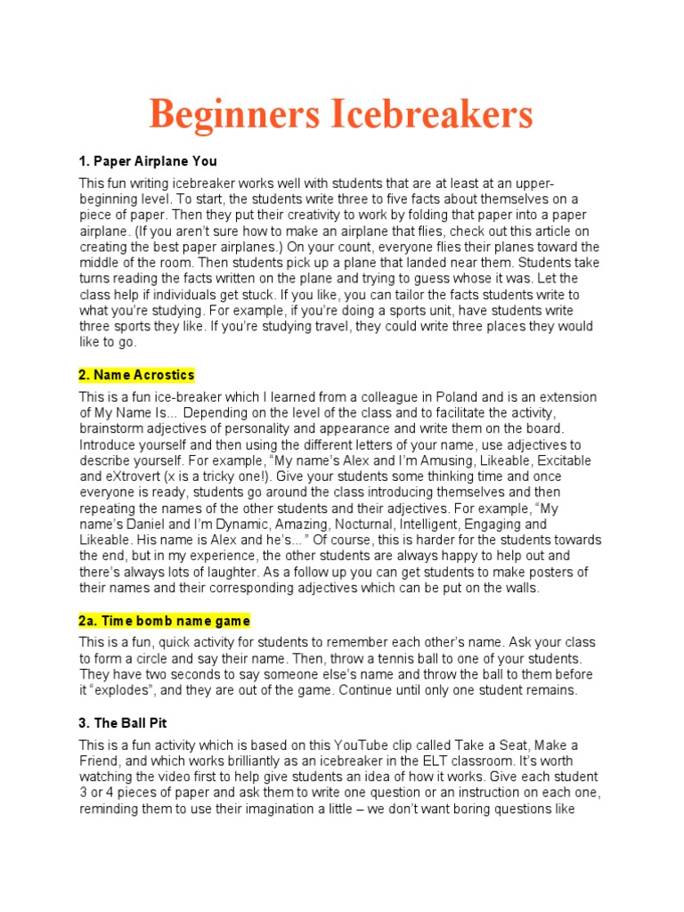 Beginners Icebreakers: 1. Paper Airplane You | PDF | Classroom