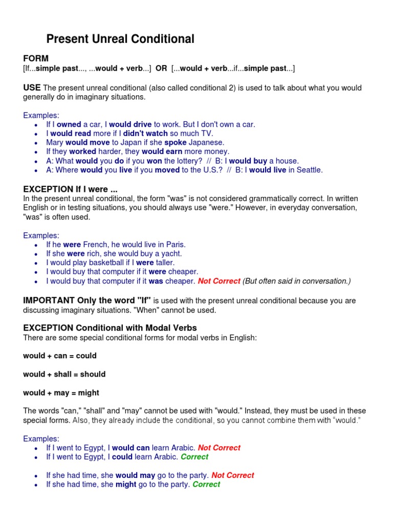 Present Unreal Conditional: Would + Can Could Would + Shall Should Would + May Might | PDF ...