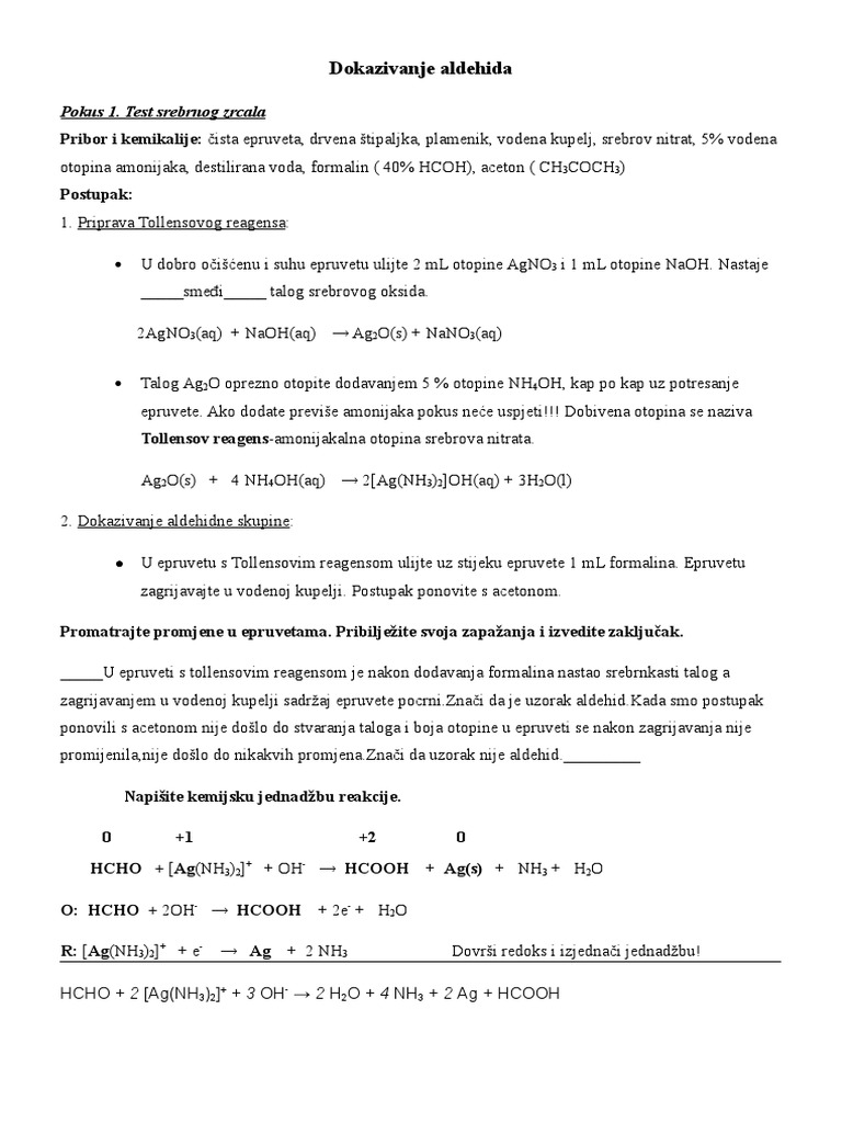 Dokazivanje Aldehida-Radni Listić | PDF