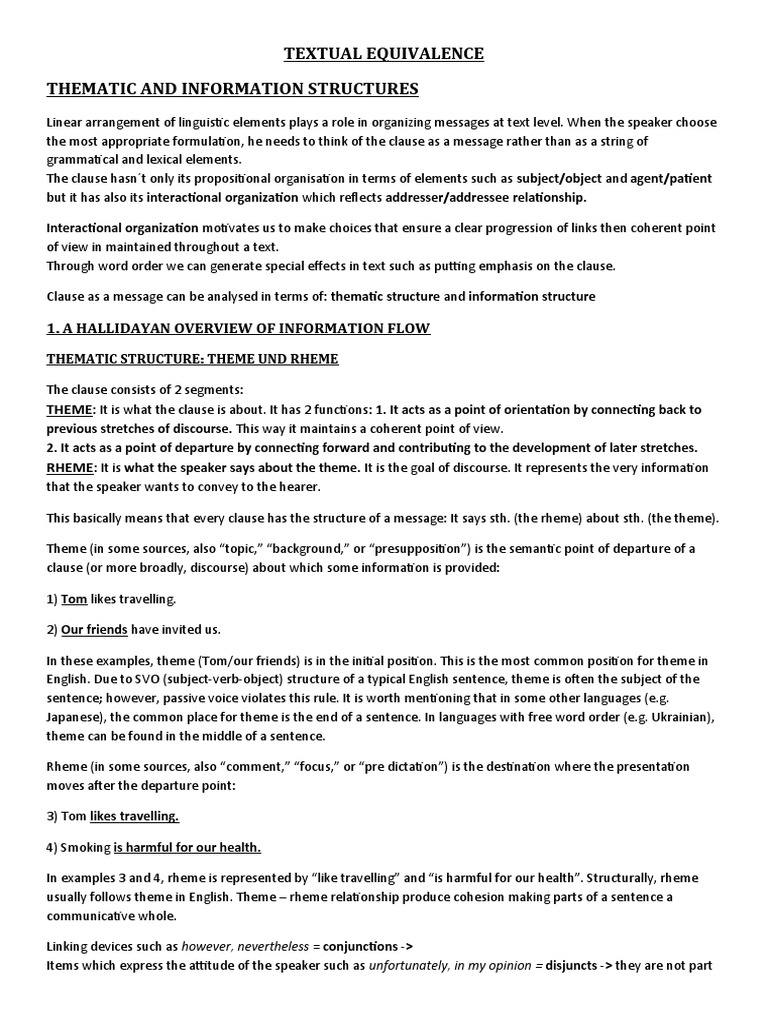 Textual Equivalence Thematic and Information Structures: 1. A Hallidayan Overview of Information ...