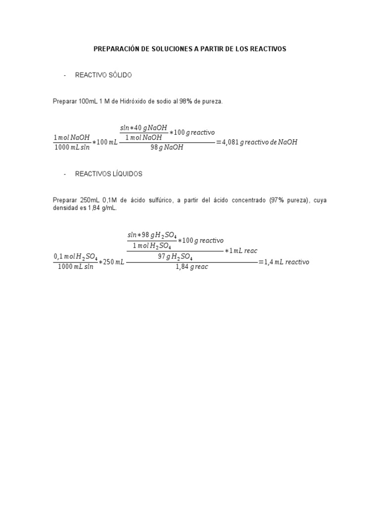 Ejercicios Explicación Preparación de Soluciones A Partir de Un Reactivo Sólido y Líquido | PDF