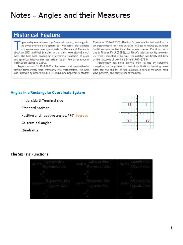 Notes - Angles and Their Measures | PDF | Trigonometric Functions | Sine