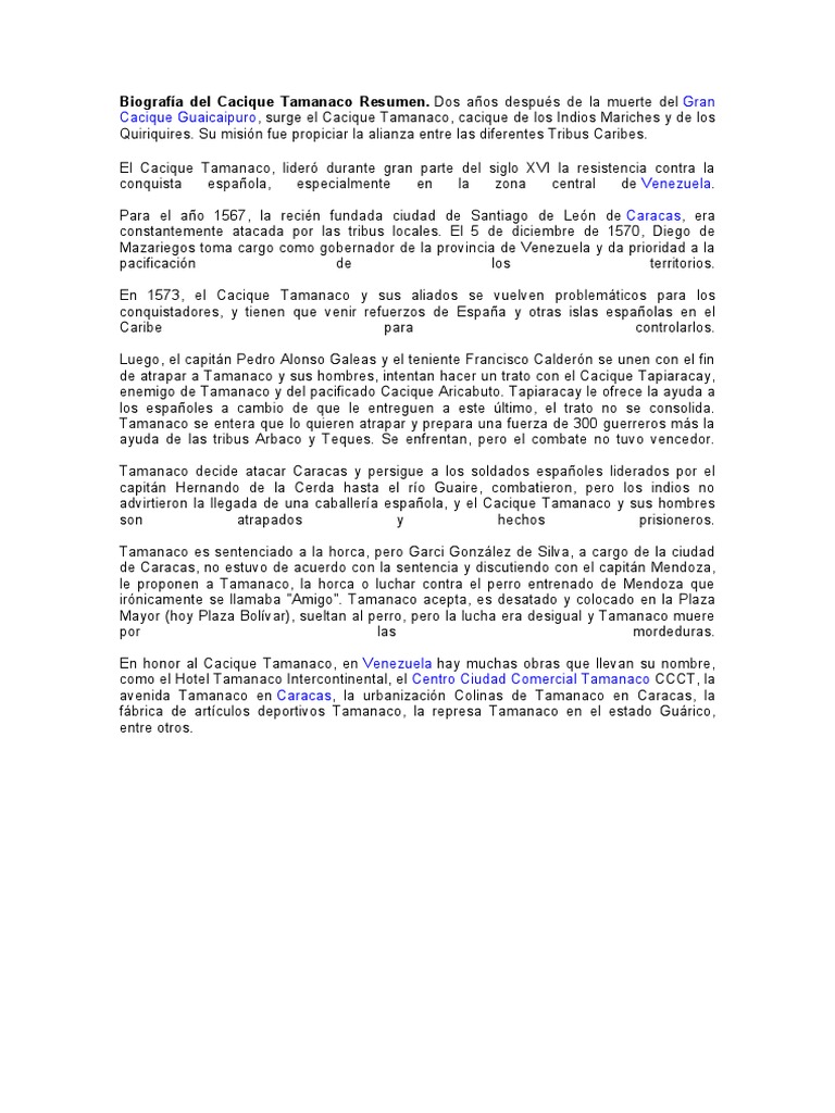 Biografía Del Cacique Tamanaco Resumen | PDF | Conflictos | Conflictos del segundo milenio