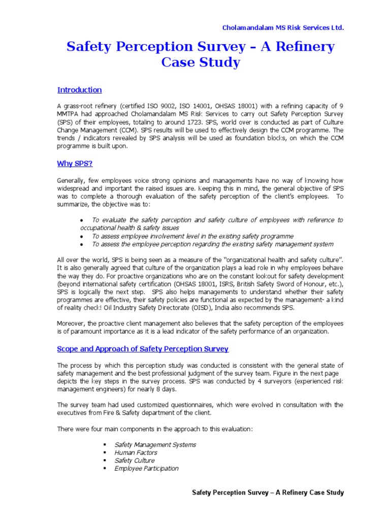 Safety Perception Survey - A Refinery Case Study: Cholamandalam MS Risk ...