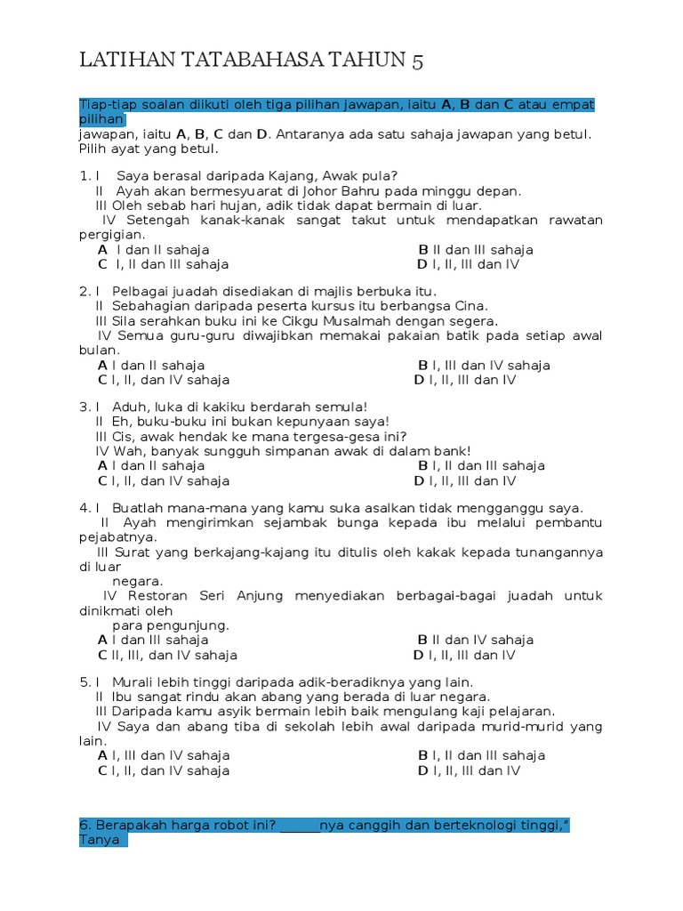 Latih Tubi Soalan Latihan Bahasa Melayu Tahun 5 | PDF