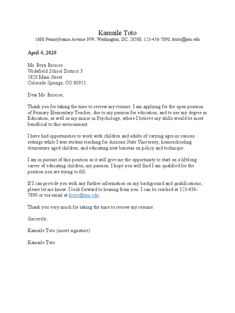 Kamaile Toto Cover Letter Turn in | PDF