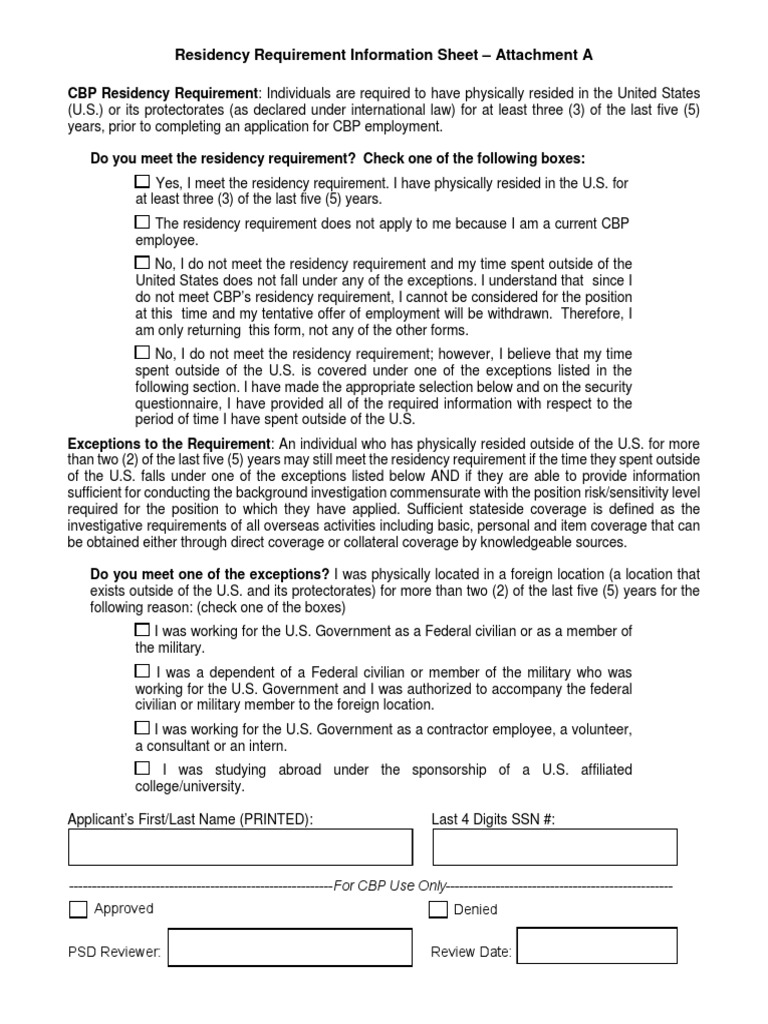 Residency Requirement Information Sheet - Attachment A | PDF | U.S ...