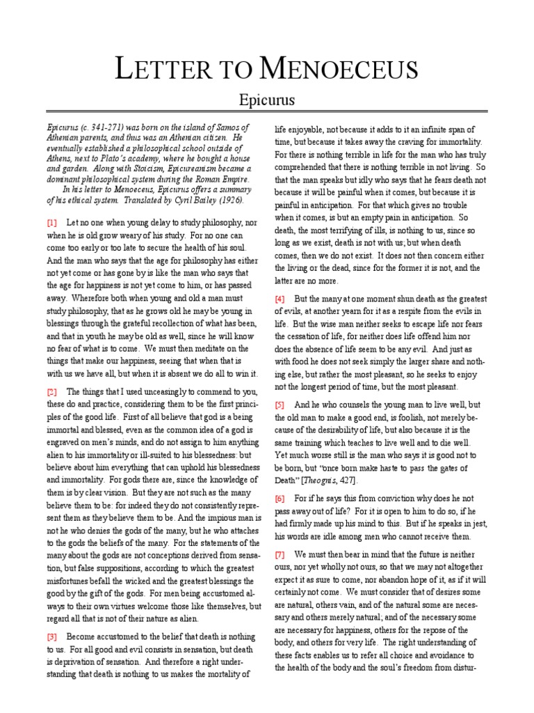 Letter to Menoeceus on Epicurean Philosophy | PDF | Metaphysics Of Mind ...