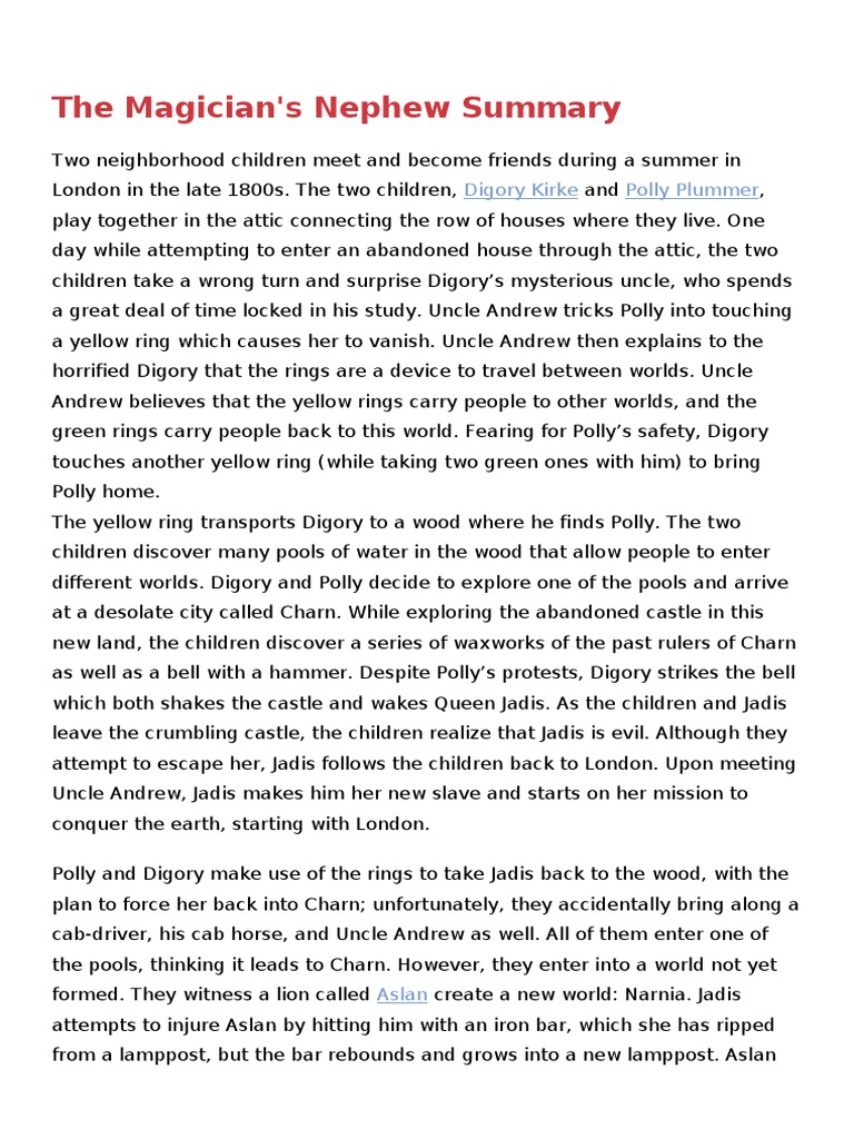 The Magician's Nephew: Summary of Key Events | PDF | Aslan | The ...