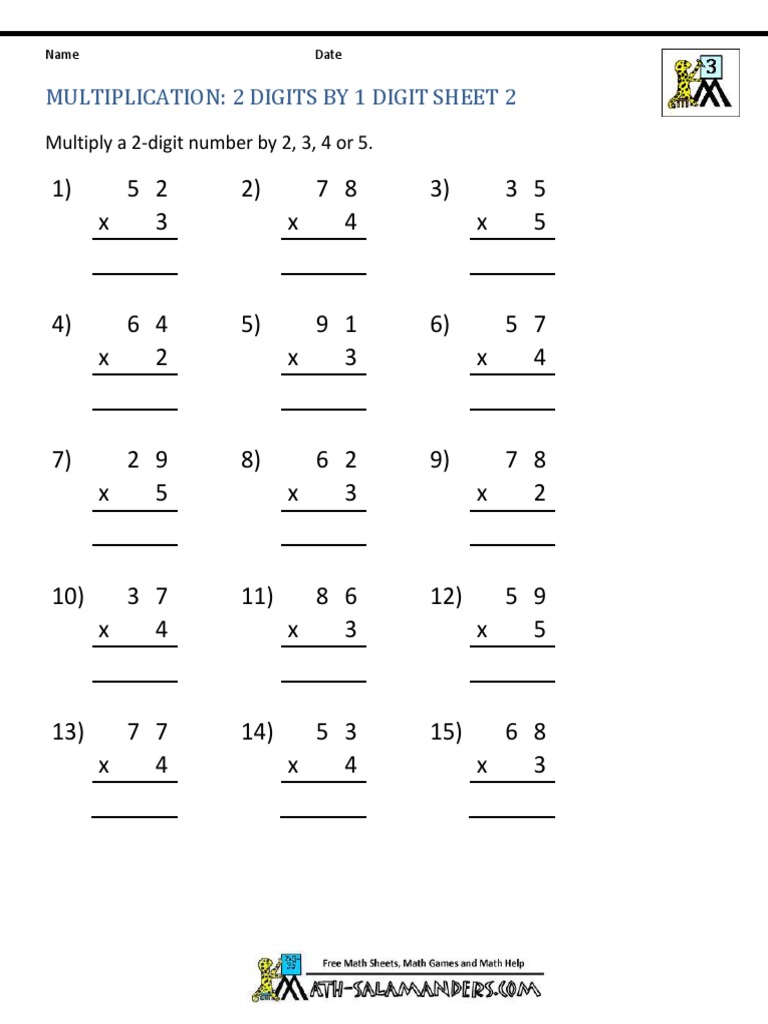 2-Digit by 1-Digit Multiplication Sheet | PDF | Games & Activities ...