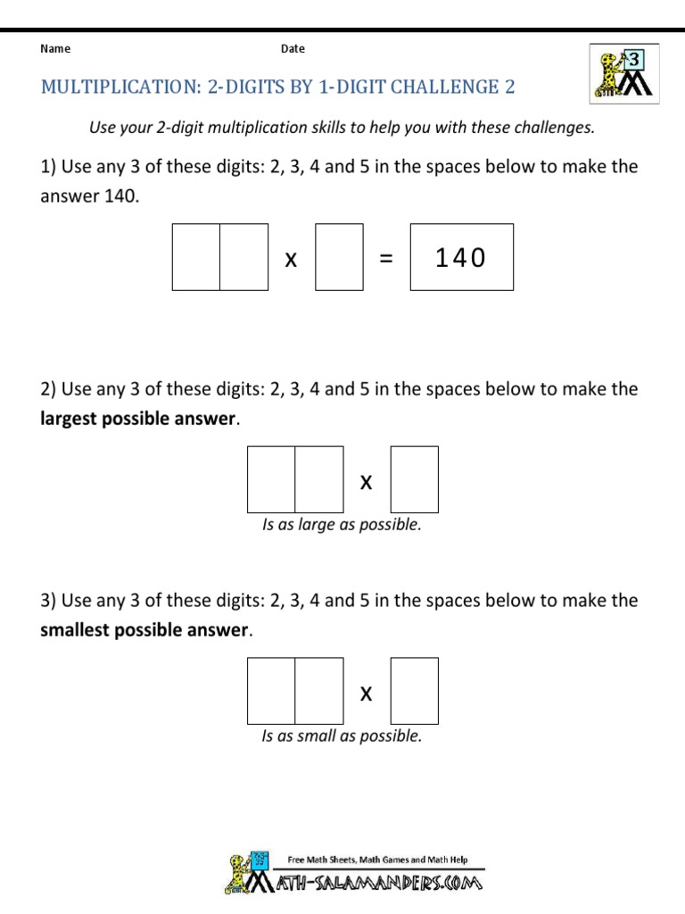 Math Challenge: 2-Digit Multiplication | PDF | Games & Activities ...