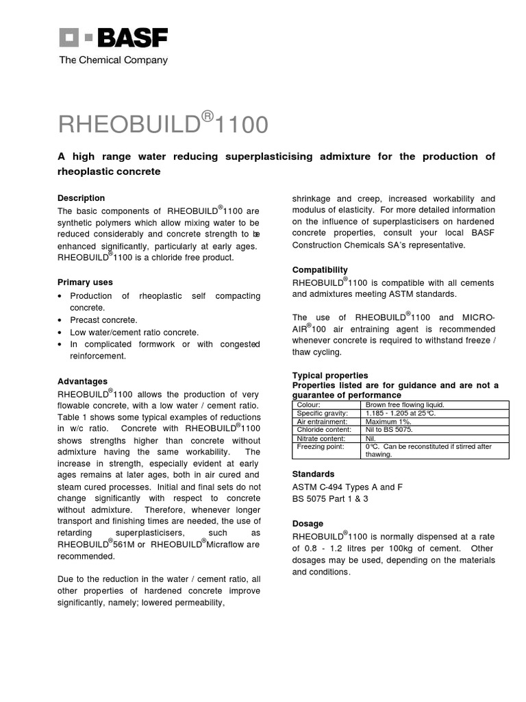 Rheobuild 1100: A High Range Water Reducing Superplasticising Admixture ...