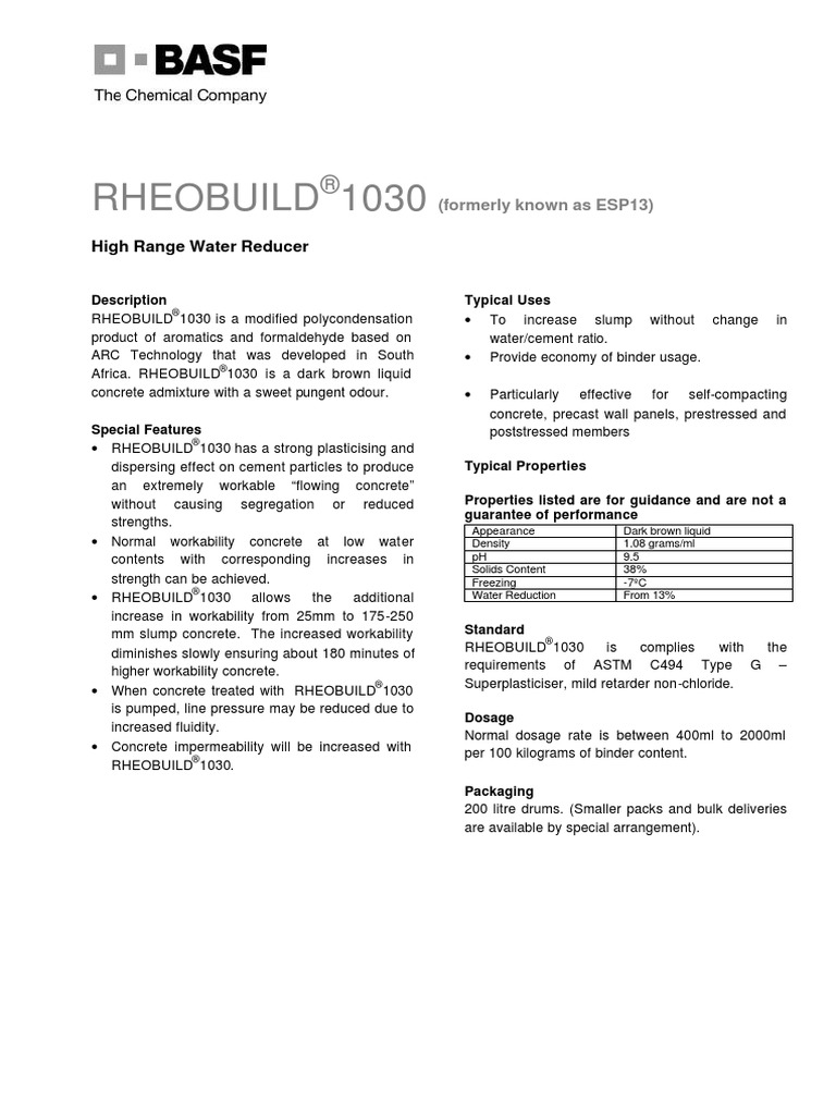 Rheobuild 1030: High Range Water Reducer | PDF | Concrete | Civil ...