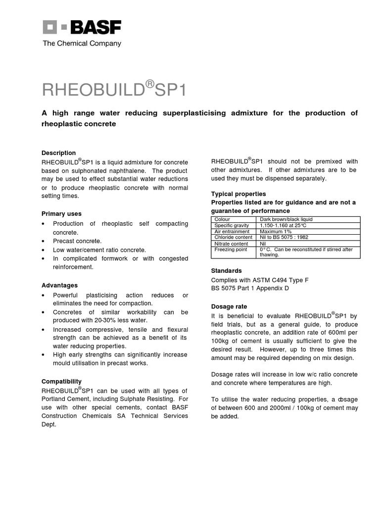 Rheobuild SP1: A High Range Water Reducing Superplasticising Admixture ...