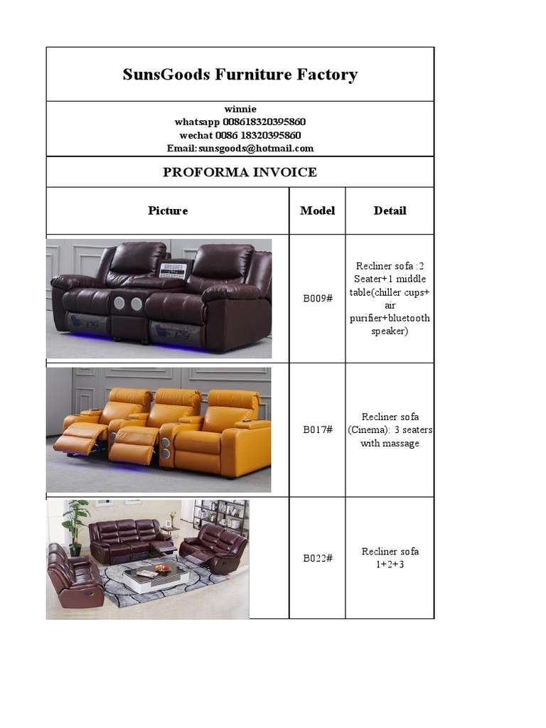 Proforma Invoice for Recliner Sofas | PDF | Upholstery | Architectural ...
