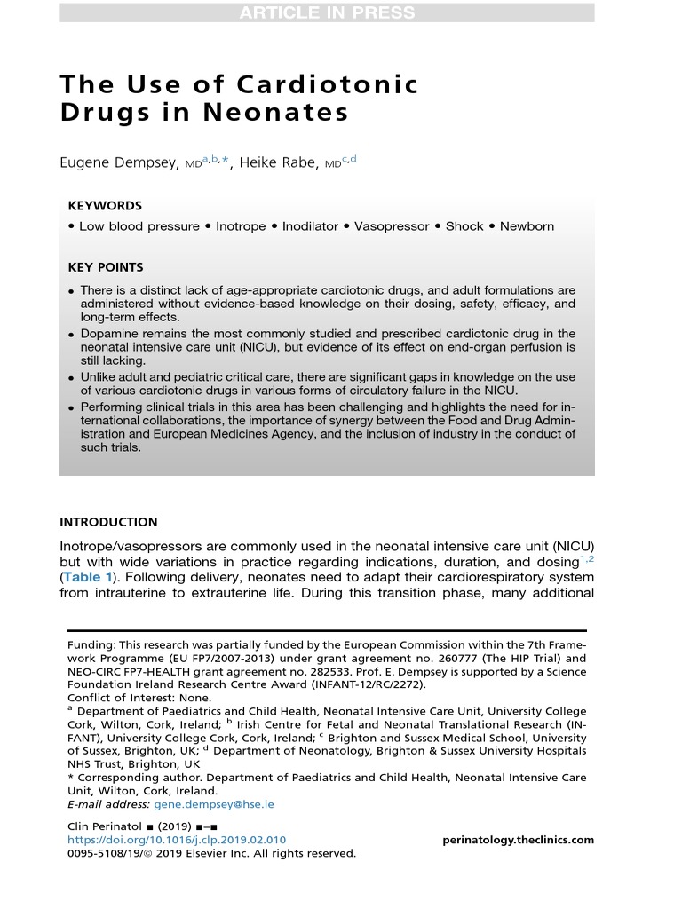 Theuseofcardiotonic Drugsinneonates: Eugene Dempsey,, Heike Rabe | PDF ...
