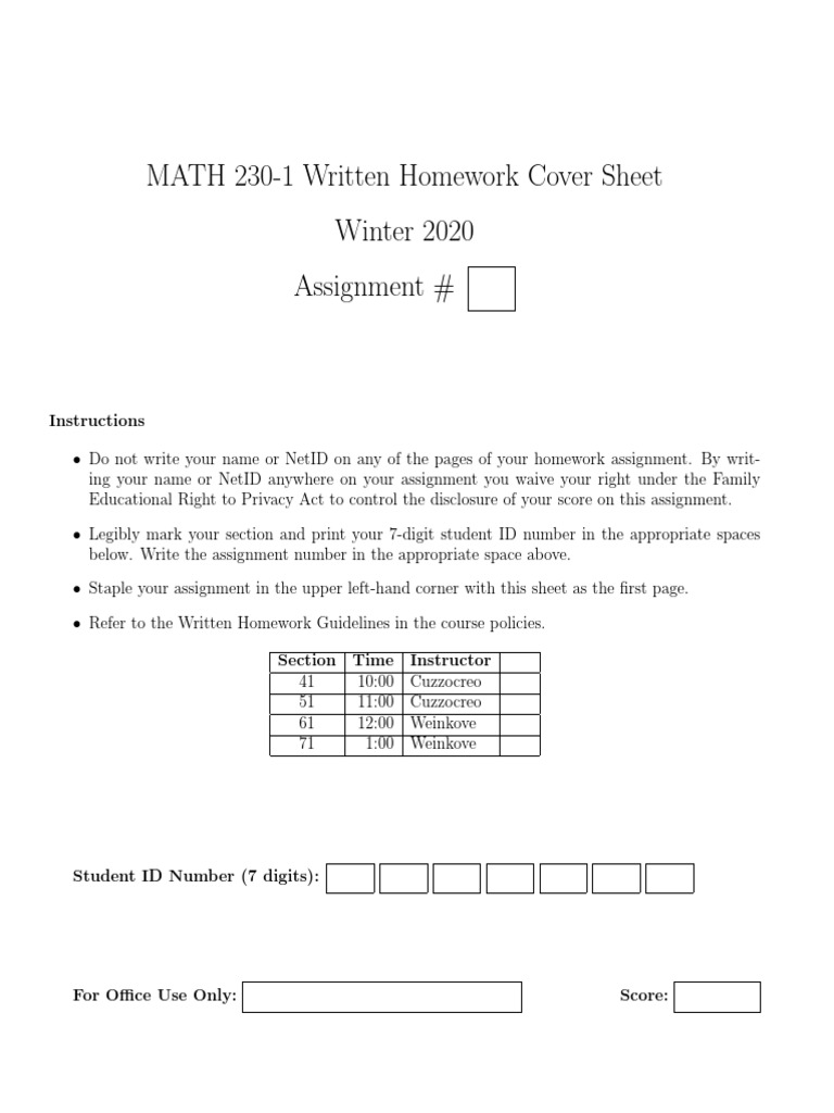 MATH 230-1 Written Homework Cover Sheet Winter 2020 Assignment # | PDF