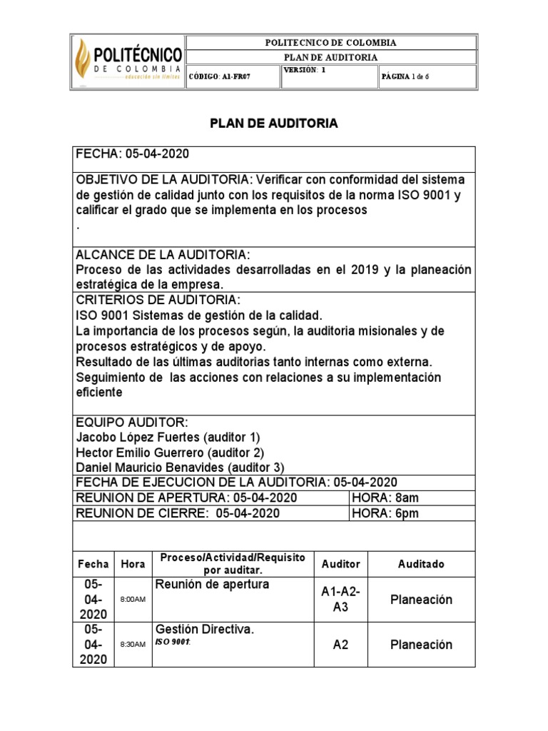 Modelo - Plan de Auditoria Daniel B. | PDF | Auditoría | Contralor