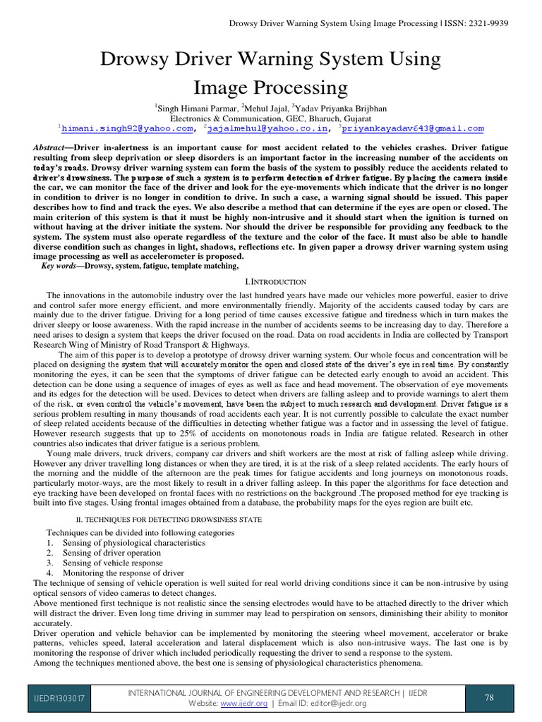Drowsy Driver Warning System Using Image Processing | PDF | Eye | Transport