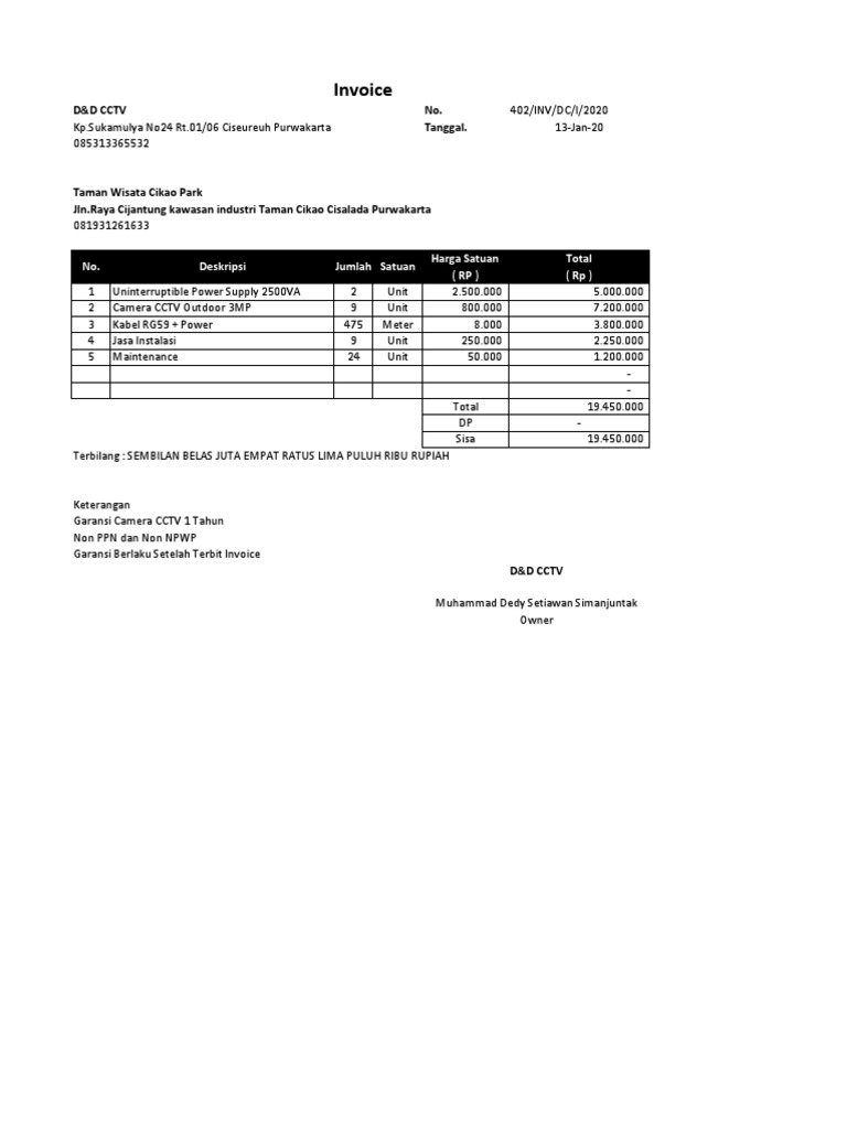 Invoice CCTV Cikao Park 13 JANUARI 2020 PDF | PDF