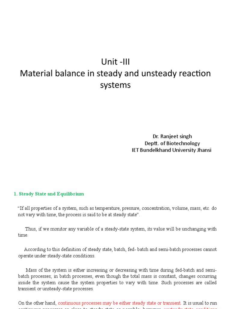 Material Balance in Steady and Unsteady Syatems | PDF | Steady State ...