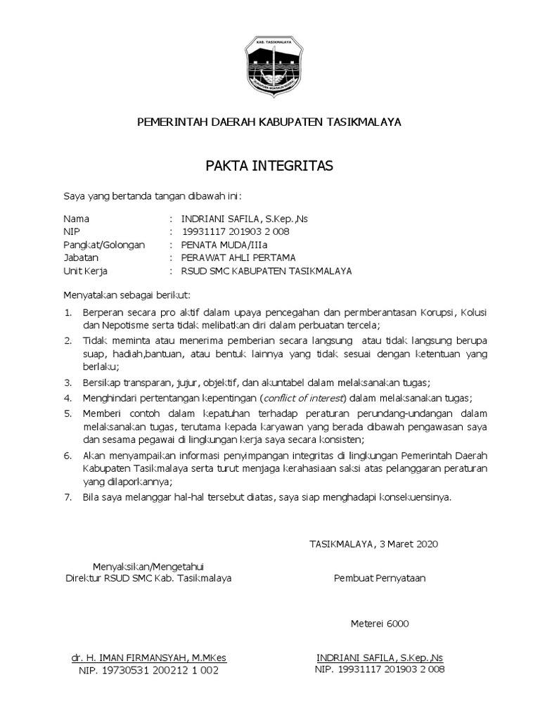 Contoh Pengisian Pakta Integritas 2020 | PDF