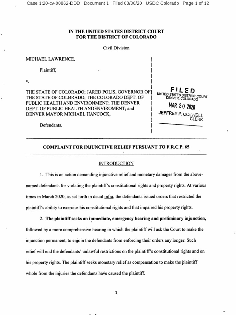 Complaint for Injunctive Relief Pursuant to F.R.C.P. 65, Lawrence v ...