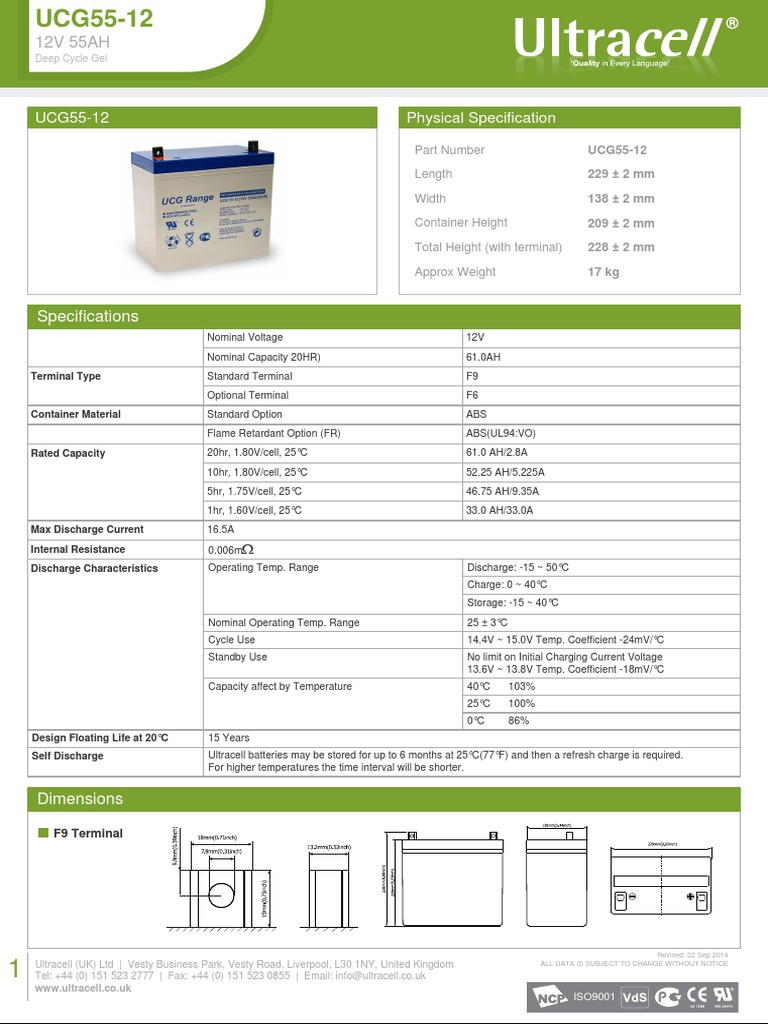 Ultracell UCG55-12 Battery Datasheet | PDF | Electrical Components ...