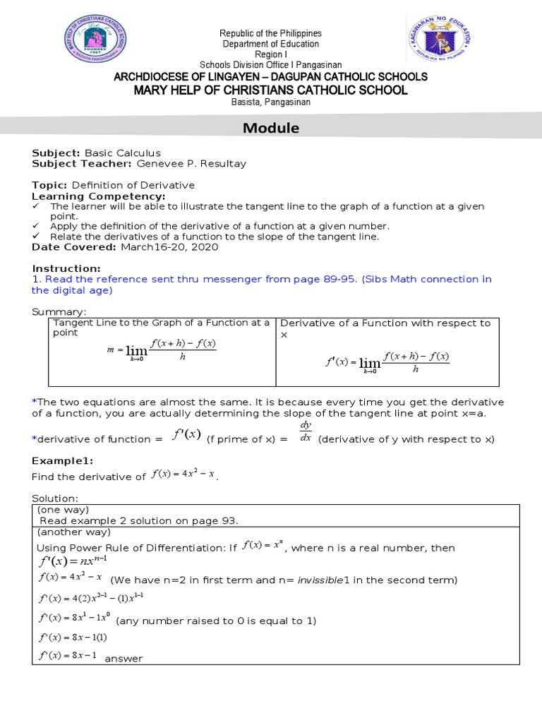 Basic Cal Module 1st Week | PDF | Derivative | Tangent