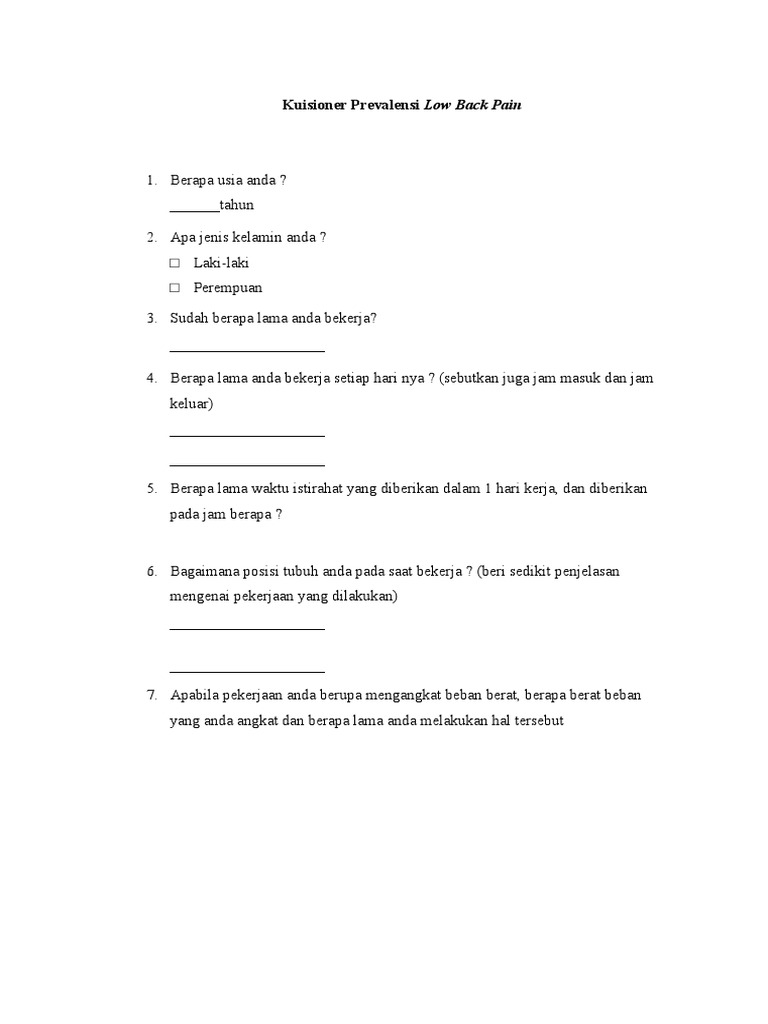 Kuisioner Prevalensi Low Back Pain | PDF