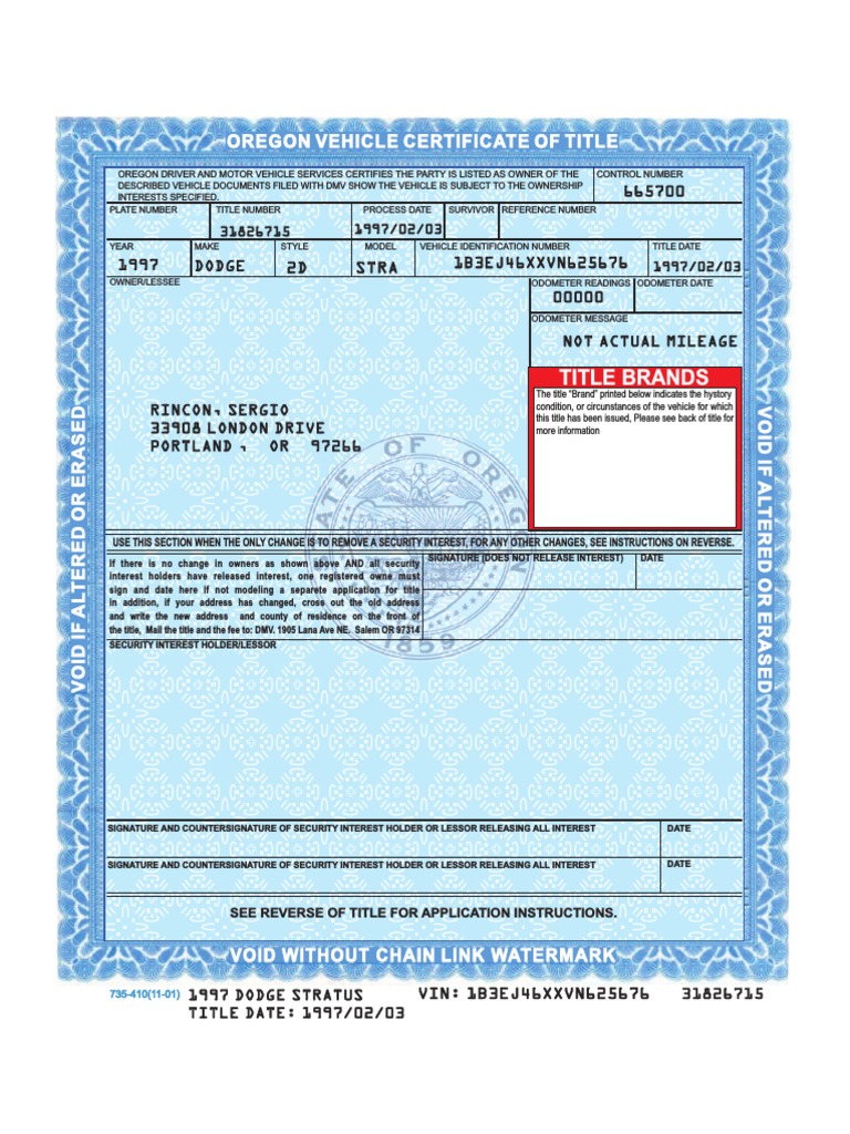 Oregon Vehicle Certificate of Title: Stra 1B3EJ46XXVN625676 2D | PDF ...