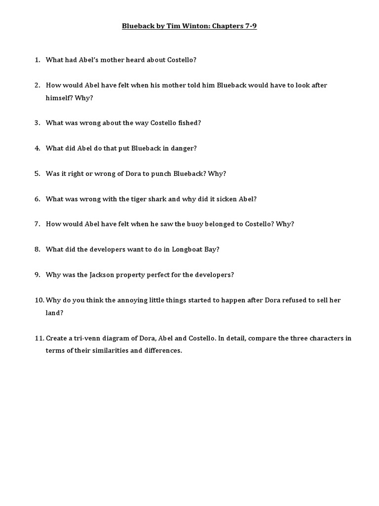 Blueback by Tim Winton Chapters 7-9 | PDF