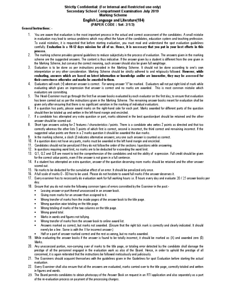 Marking Scheme for English Compartment Exam | PDF | Question | Evaluation