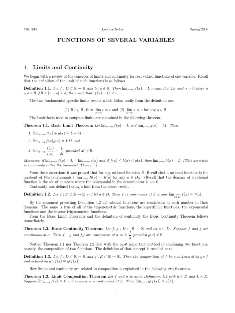 Functions of Several Variables: MTH 234 Lecture Notes Spring 2006 | PDF