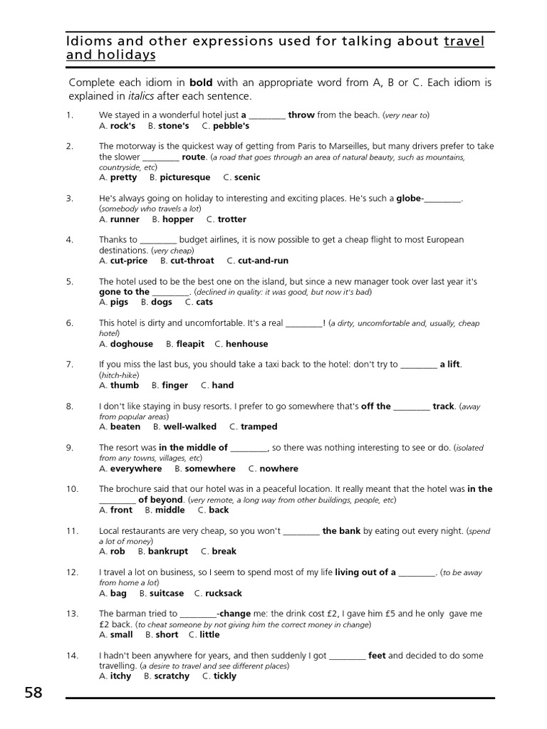 Idioms Used For Talking About Travel and Holidays | PDF | Hotel