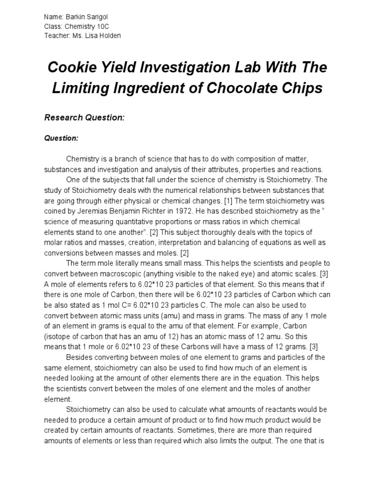 Barkin's Science Cookie Lab Report B | PDF | Stoichiometry | Mole (Unit)