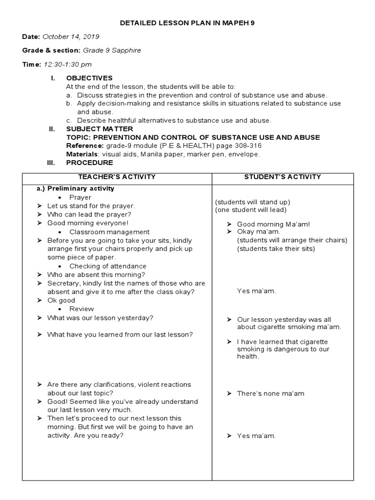 Cot 1 DLP Health-9 | PDF | Substance Abuse | Lesson Plan