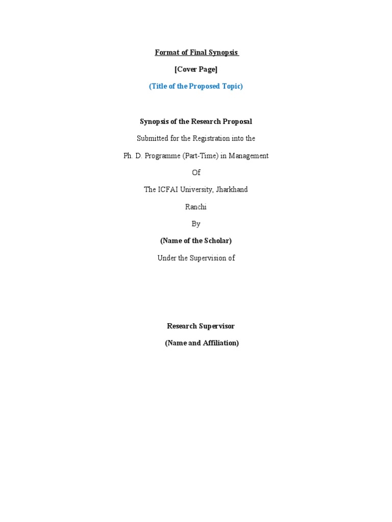 Format of Final Synopsis (Cover Page) : (Title of The Proposed Topic) | PDF