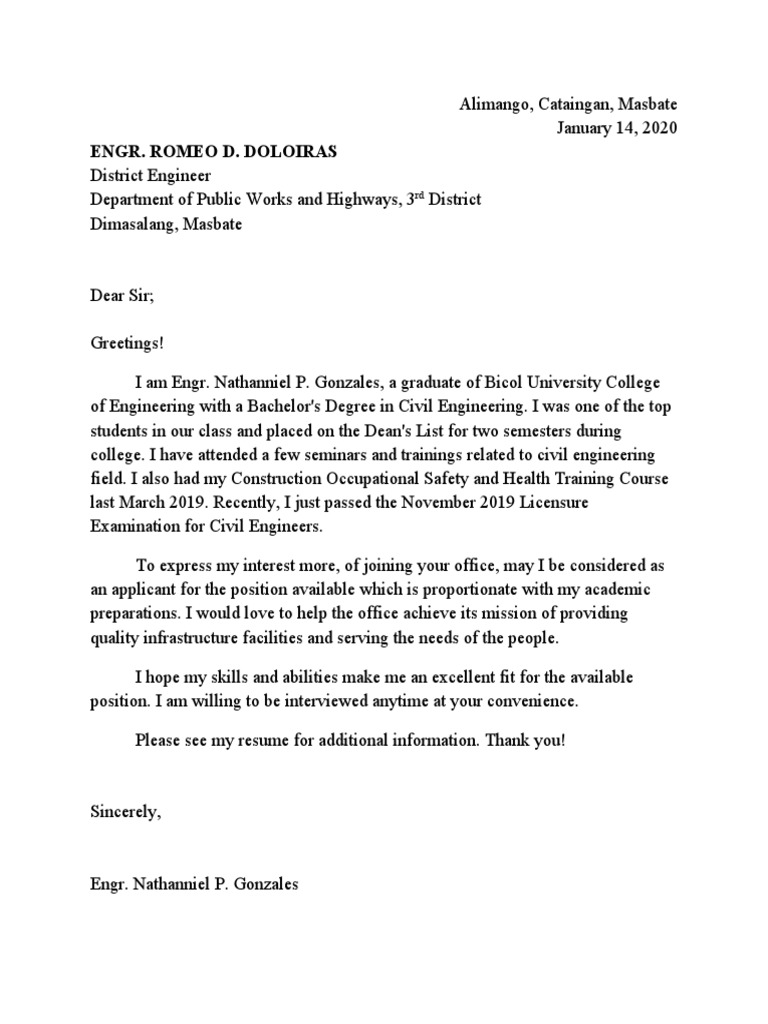 Application Letter for DPWH Position | PDF | Career & Growth