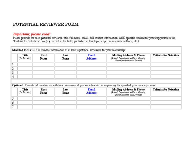 Potential Reviewer Form: Important, Please Read! | PDF