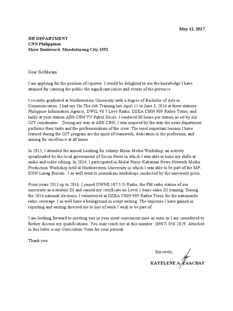 CNN - Cover Letter Application | PDF