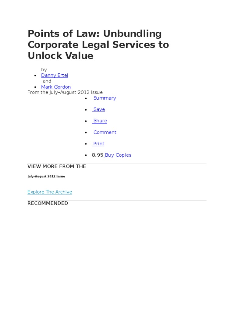 Points of Law: Unbundling Corporate Legal Services To Unlock Value | PDF
